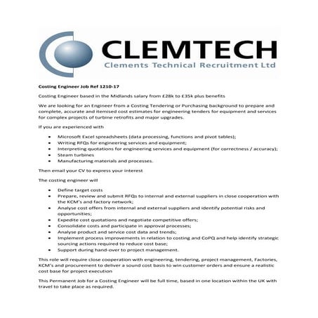 Costing Engineer Job Ref 1210 17 | PDF