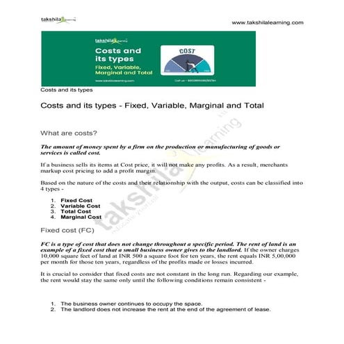 Costs And Its Types Fixed Variable Marginal And Total Pdf Business Accounting And Finance