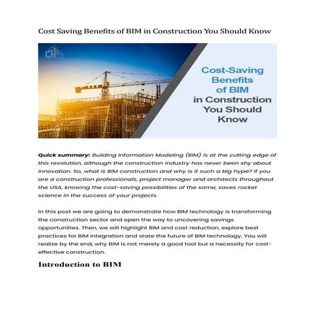 Cost Saving Benefits Of Bim In Construction You Should Know Pdf Construction Industry