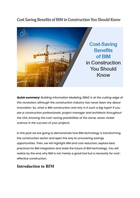 Cost Saving Benefits Of Bim In Construction You Should Know Pdf Construction Industry