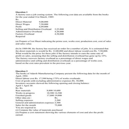 Cost sheet questions | DOCX