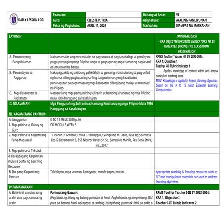 COT-AP6-Q4-DLL for COT AND IS OBSERVATION MATATAG | DOCX
