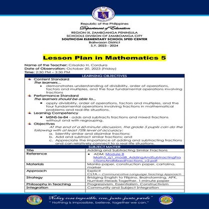 COT LESSON PLAN ADDING AND SUBTRACTING SIMILAR FRACTIONS - EXPLICIT | PDF