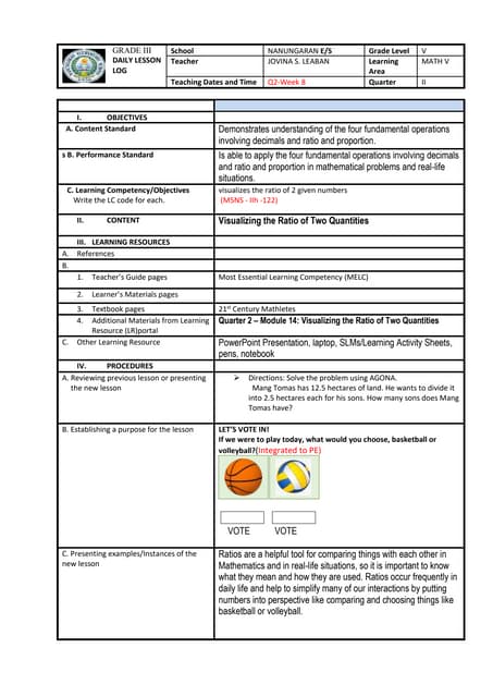 Ratio and Proportion Lesson Plan for Grade 5 | DOCX