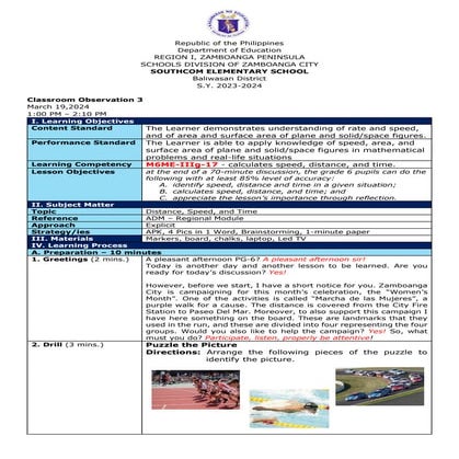 Lesson Plan for Mathematics 6, Speed Distance Time, Third Quarter ...
