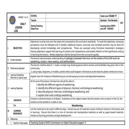 senior high school classroom Observation Tool Daily Lesson Log about ...