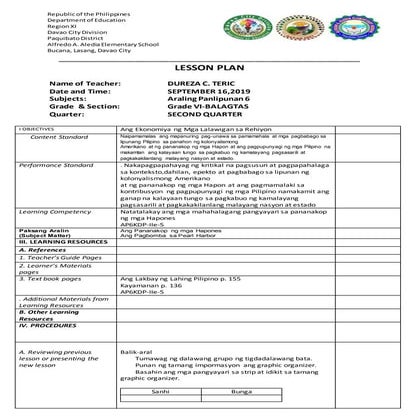 Banghay aralin sa arpan 6 pananakop ng mga hapones | DOCX