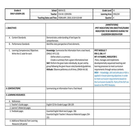 COT_DLP ENGLISH 6_SUMMARIZING INFORMATIONS HEARD BY MASTER TEACHER EVA M. CORVERA.doc