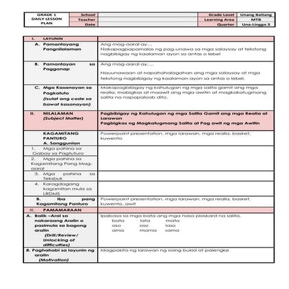 Cot detailed lesson plan filipino 1 | DOCX