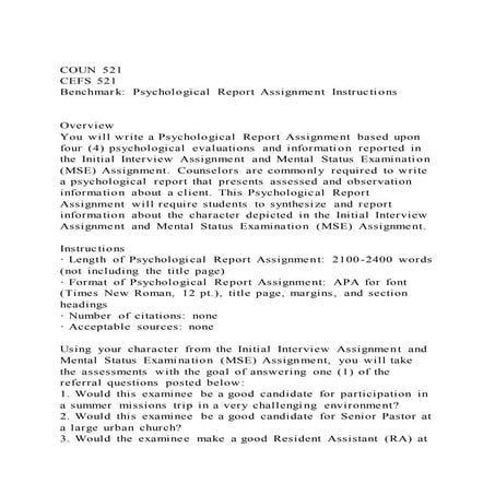 COUN 521CEFS 521Benchmark Psychological Report Assignment Ins | DOCX