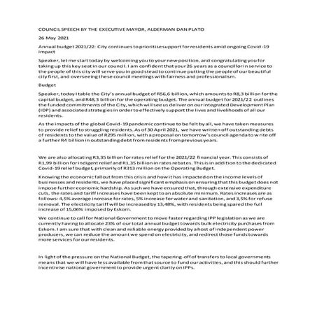 COUNCIL SPEECH BY THE EXECUTIVE MAYOR, ALDERMAN DAN PLATO | DOCX