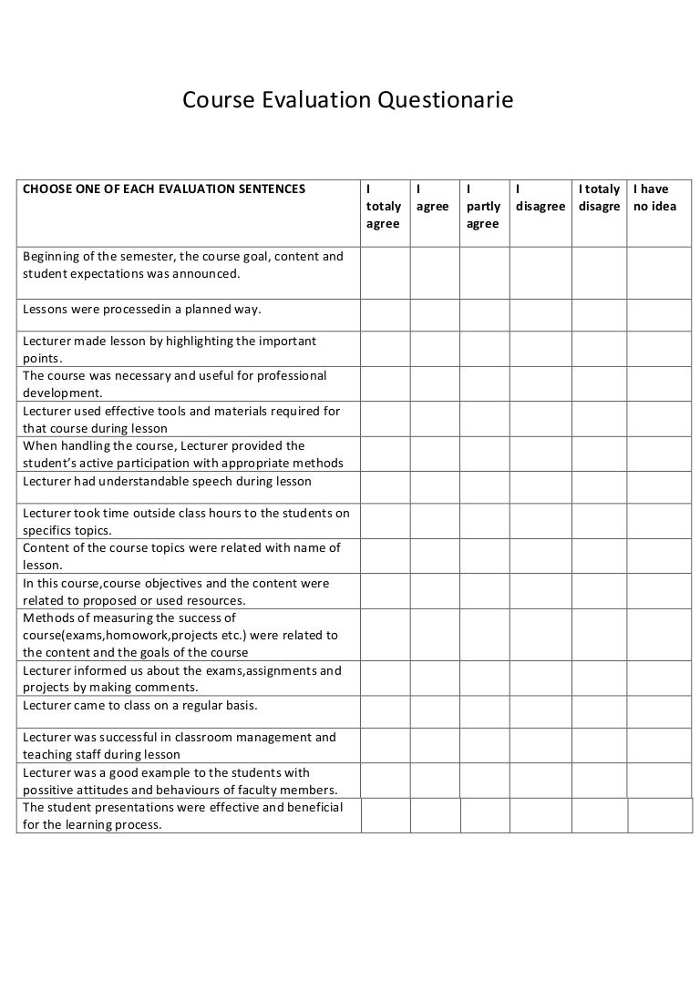 Course evaluation questionarie example