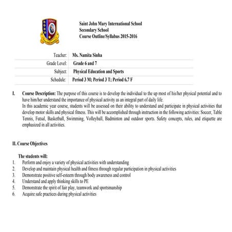 Course outline | DOC | Participant Sports | Fitness and Exercise