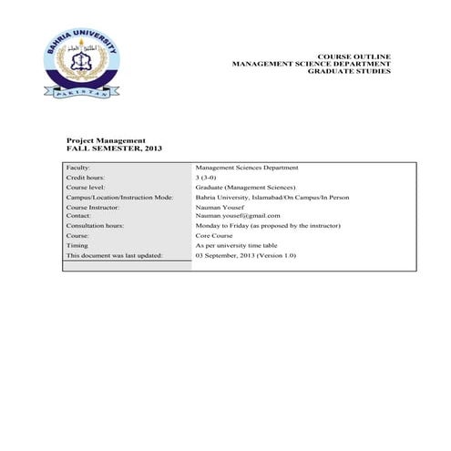 Course outline of Project managemnet | DOCX