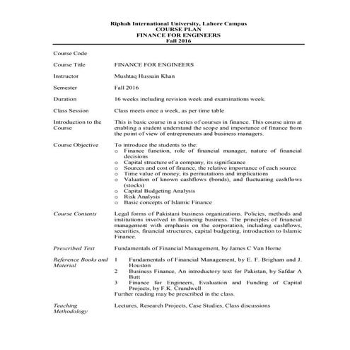 Course outline finance for engineers 2016 | PDF