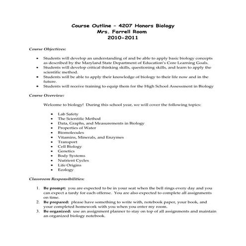 Course outline honors bio 10 11 | PDF