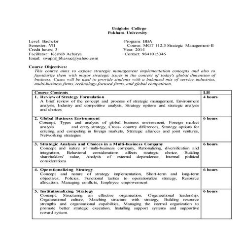 Course plan strategic mgmt ii | PDF