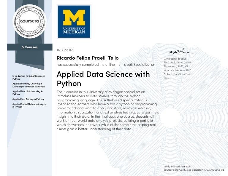 Applied Data Science With Python Specialization 2017 Certificate