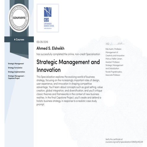 Strategic Management & Innovation: Copenhagen Business School (Coursera Specialization, 2016) | PDF