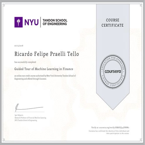 Guided Tour of Machine Learning in Finance Certificate | PDF