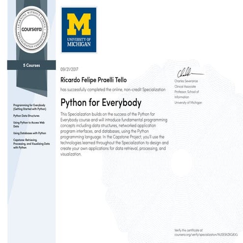 Python for Everybody Specialization Certificate | PPT