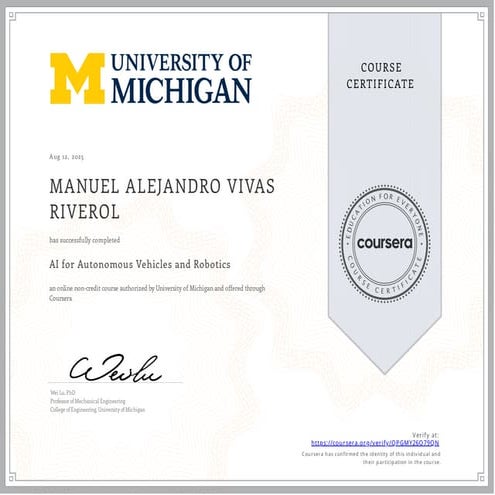 AI for Autonomous Vehicles and Robotics, Course Certificate | PDF