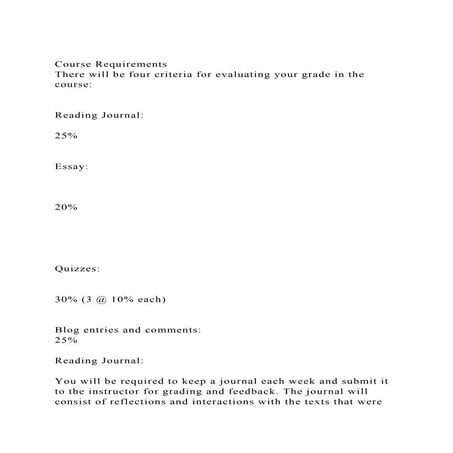 Course RequirementsThere will be four criteria for evaluating yo.docx