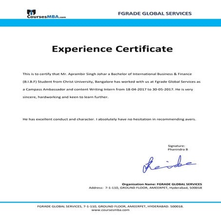 FGrade Work Experience Certificate_Aprambir | PDF
