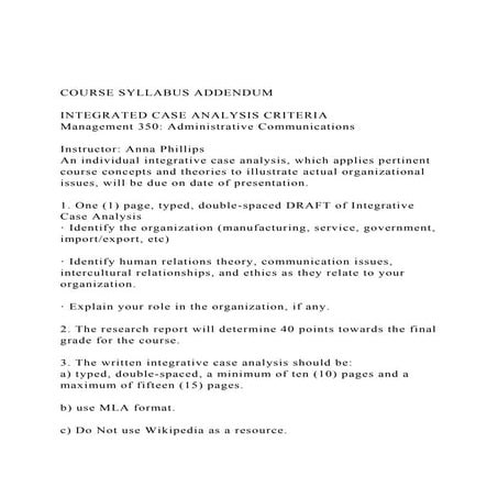 COURSE SYLLABUS ADDENDUM INTEGRATED CASE ANALYSIS CRITERIA.docx