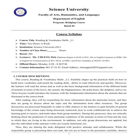 Course syllabus read & vocabulary skills | PDF
