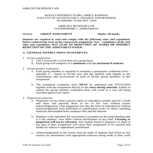 [Business Law] Coursework assignment (may 2015) | DOC