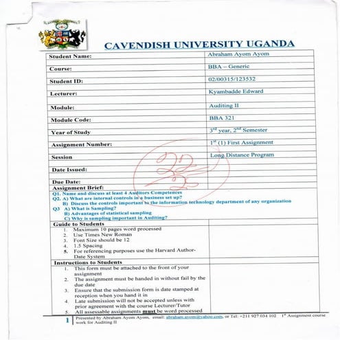 Course work for Auditing Cavendish University Uganda | PDF