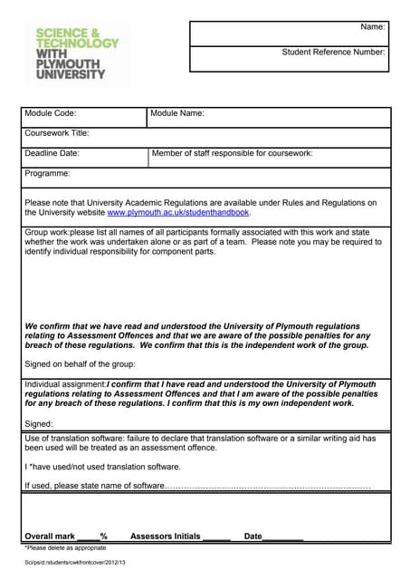 Cover sheet harvard | DOCX