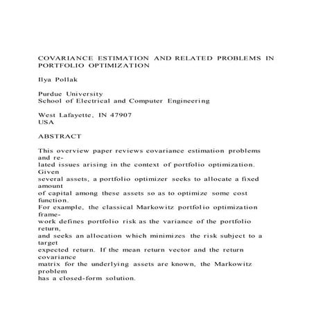 Covariance Estimation And Related Problems In Portfolio Optimi Docx