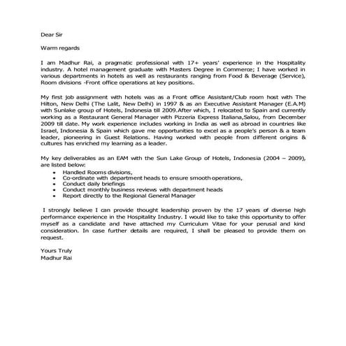 Covering note | DOCX | Hospitality Industry | Industries