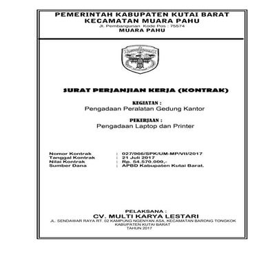 Cover kontrak peralatan gedung kantor 2017 | DOC