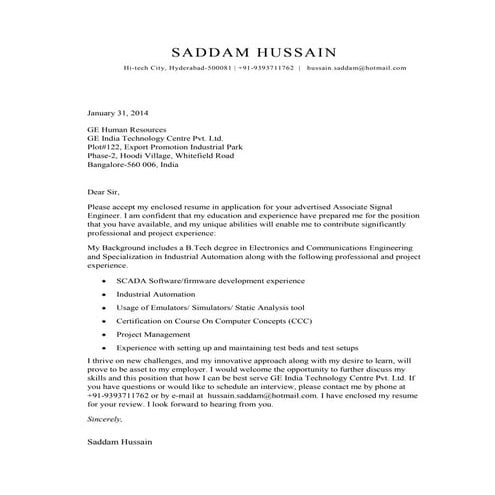 Cover letter For Electronics & Communications Student | PDF
