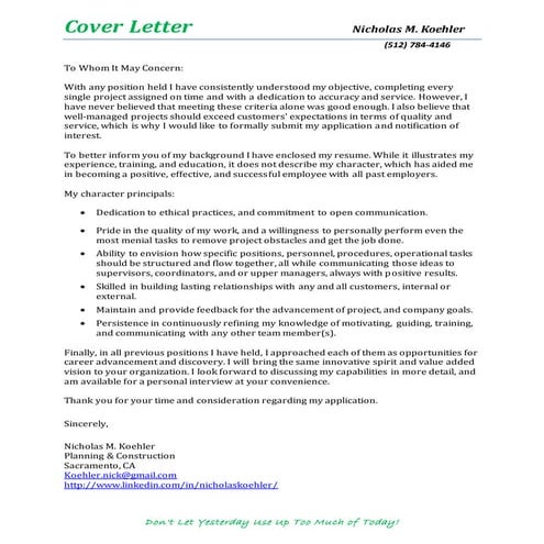 Cover Letter nicholas m. koehler | PDF