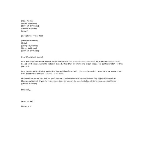 Cover letter for temporary position | DOCX