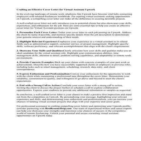 Cover Letter For Virtual Assistant Upwork | PDF