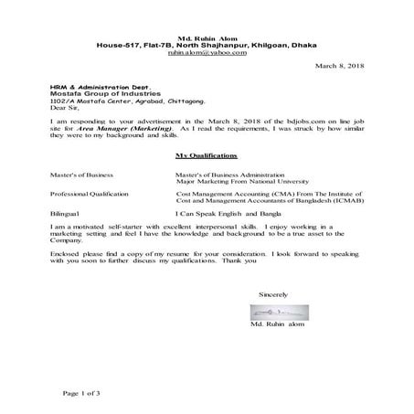 Cover letter of square food & beverage limited | PDF