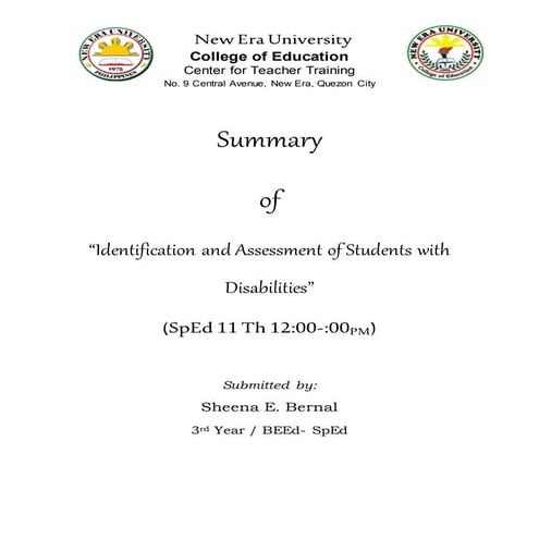 Cover page summary “identification and assessment of students with ...