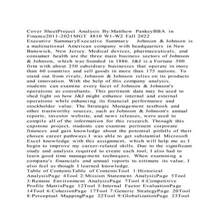 Cover SheetProject Analysis ByMatthew PankeyBBA in Finance2011-20 ...