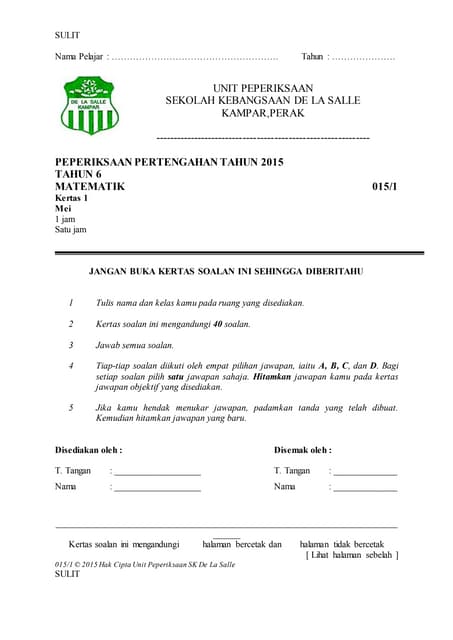 Muka depan kertas soalan | DOCX