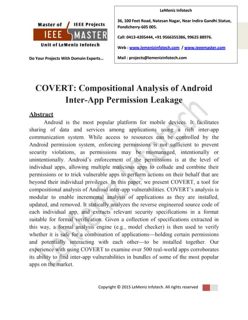 Covert Compositional Analysis Of Android Inter App Permission Leakage Pdf Free Download