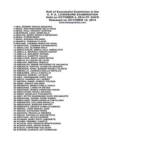 CPA Licensure Examination List of Passers October 2014 | PDF