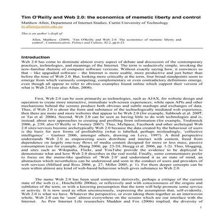 Tim O’Reilly and Web 2.0: the economics of memetic liberty and control ...