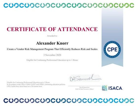 Cpe CERTIFICATE OF ATTENDANCE: NIST's Risk Management Framework V2 ...