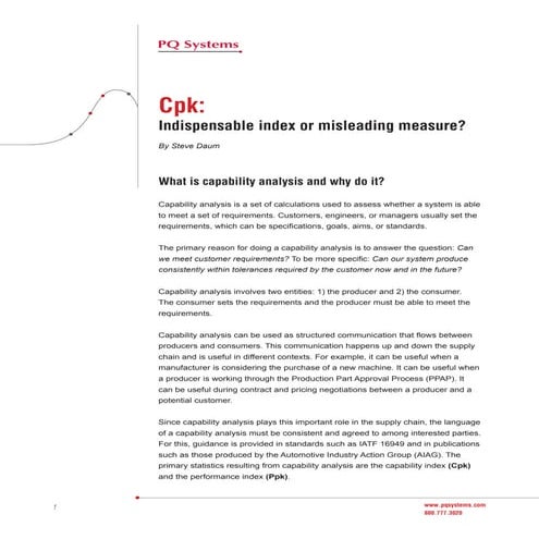 Cpk indispensable index or misleading measure? by PQ Systems | PDF