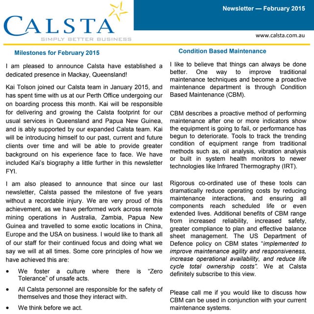 Calsta Newsletter Q1 2015 | PDF